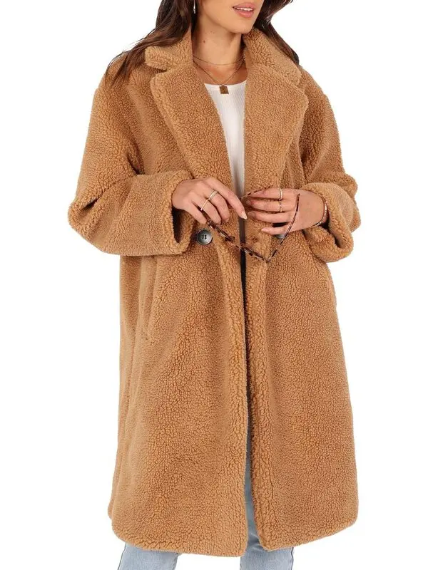 PETAL & PUP Beatrice Faux Shearling Overcoat - Camel