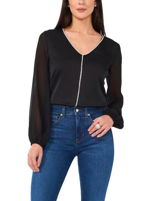 Vince Camuto Rhinestone Chiffon Sleeve Top - Rich Black