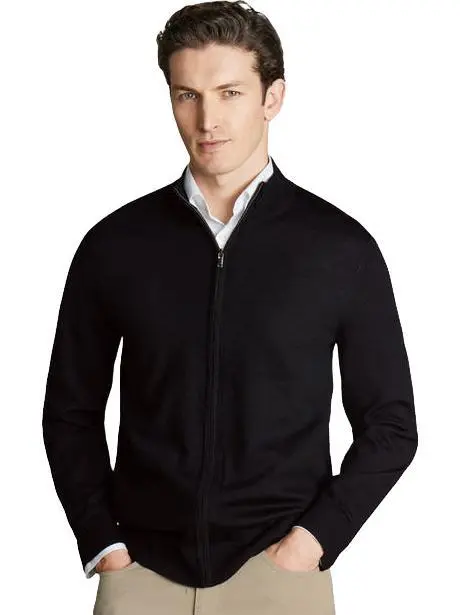 CHARLES TYRWHITT Pure Merino Full Zip Through Cardigan - Black