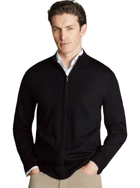 CHARLES TYRWHITT Pure Merino Full Zip-through Cardigan - Black