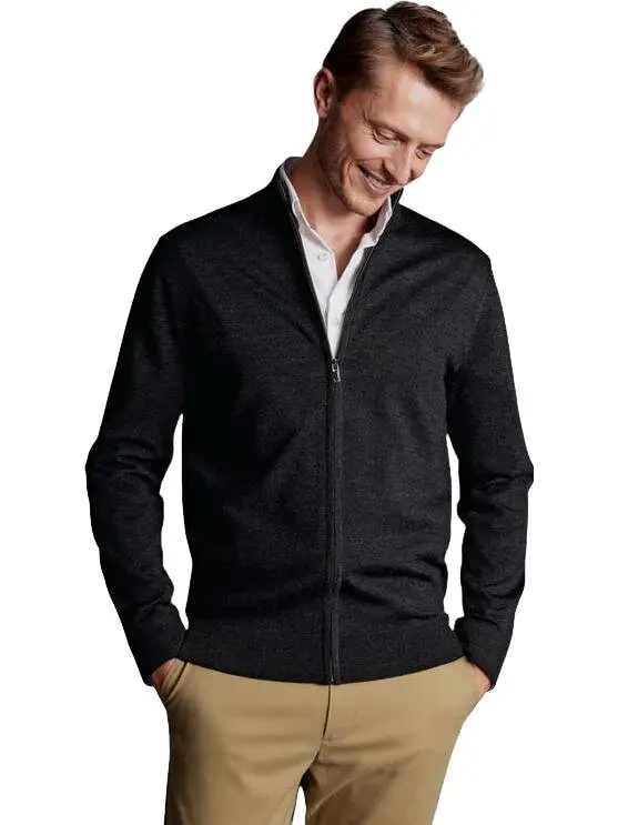 CHARLES TYRWHITT Pure Merino Full Zip Through Cardigan - Dark Charcoal