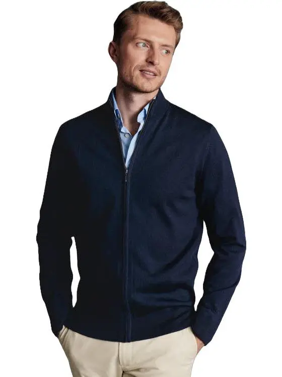 CHARLES TYRWHITT Pure Merino Full Zip Through Cardigan - Navy