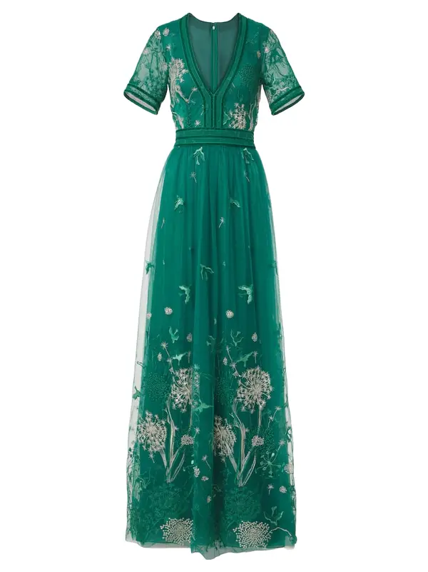 Costarellos Floral Embroidered Gown - Green