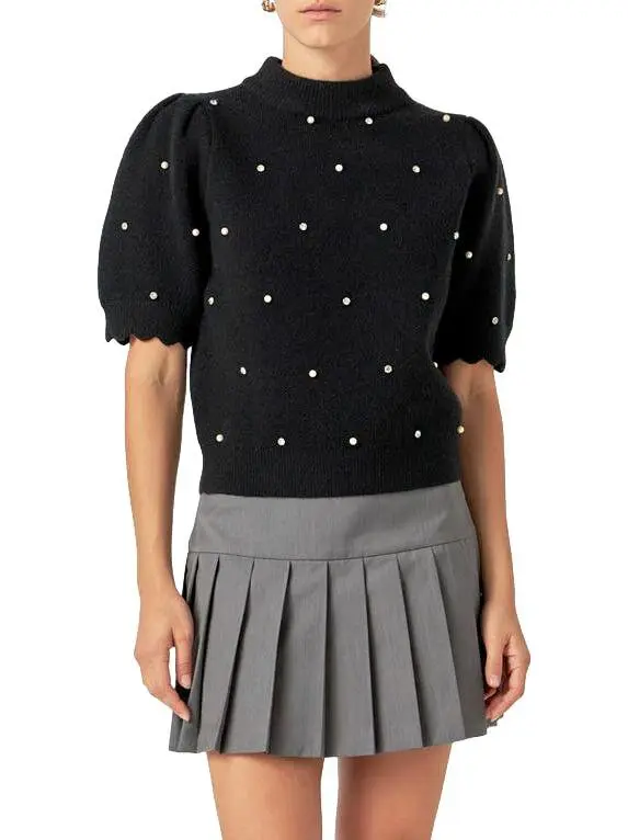 English Factory Embellished Short Sleeve Sweater - Black