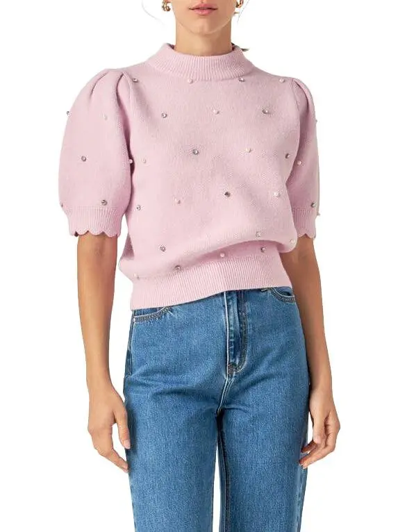 English Factory Embellished Short Sleeve Sweater - Lilac