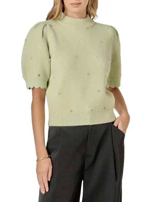 English Factory Embellished Short Sleeve Sweater - Sage
