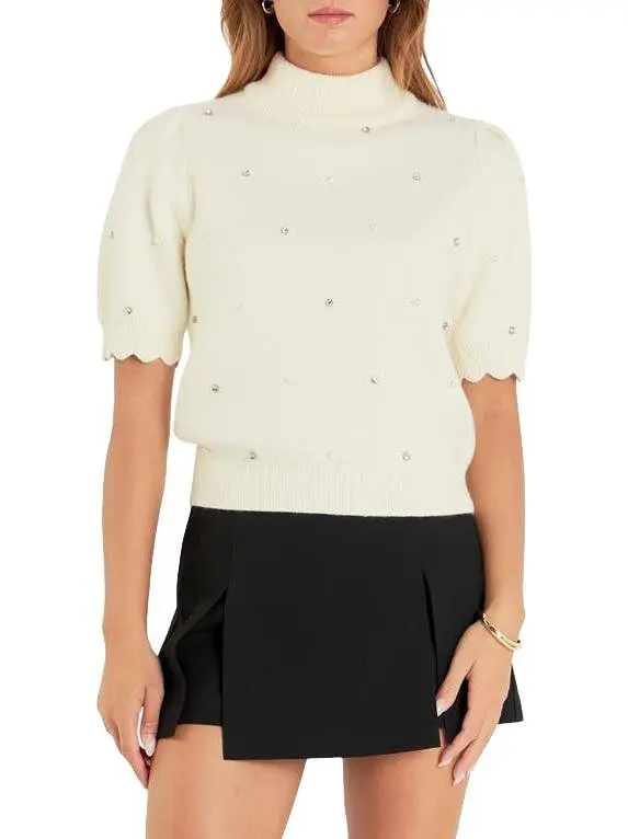 English Factory Embellished Short Sleeve Sweater - White