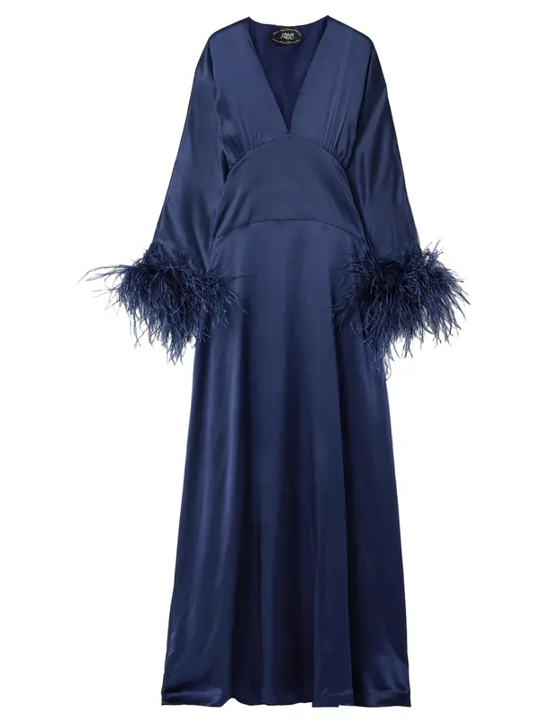 TALLER MARMO Elvira Feather-trimmed Silk-satin Gown - Blue