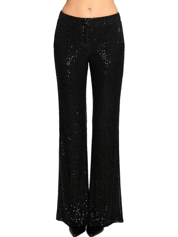 Ramy Brook Olivian Sequin Flare Pants - Black Beaded Mesh