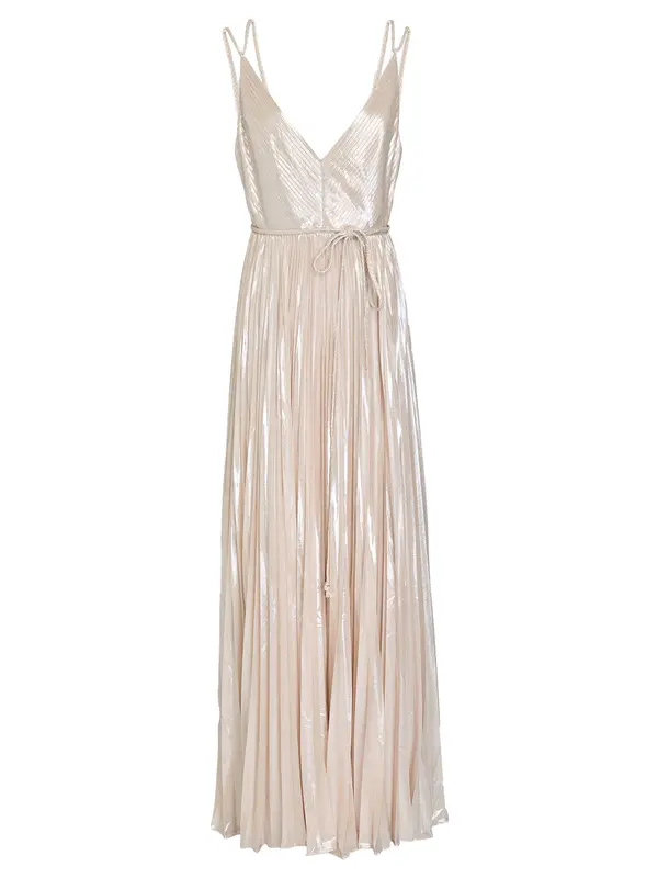 Halston Ace Pleated Metallic Chiffon Gown - Platinum