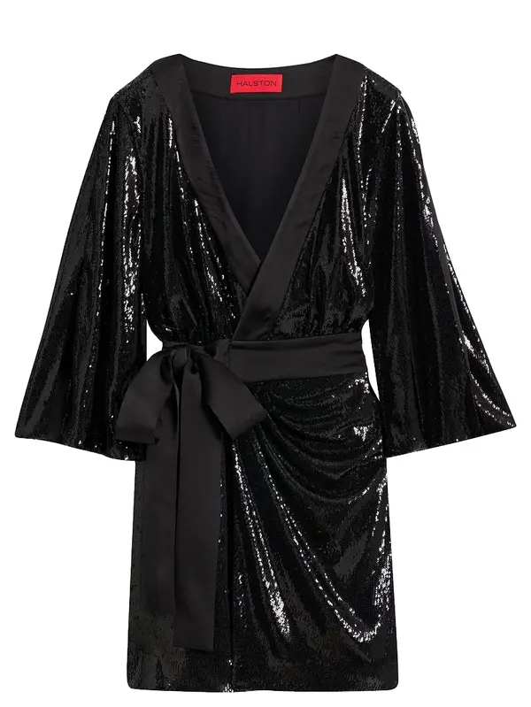 Halston Saga Draped Sequined Mesh Mini Wrap Dress - Black