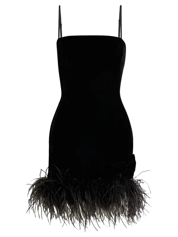 HVN Valentina Feather-trimmed Velvet Mini Dress - Black