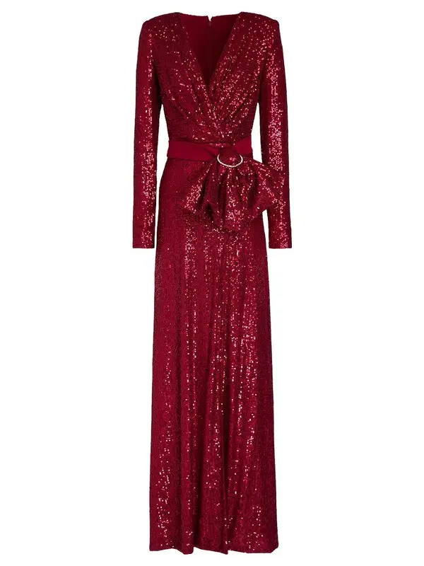 RHEA COSTA Belted Sequined Tulle Gown - Claret