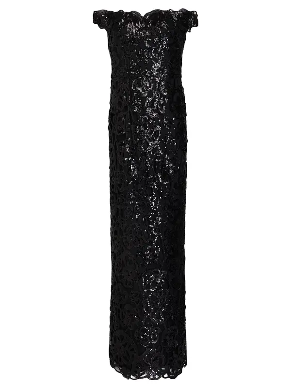 Marchesa Off-the-shoulder Sequined Guipure Lace Gown - Black