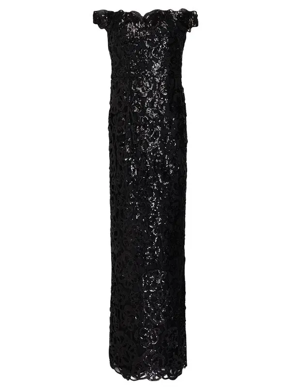 Marchesa Off-the-shoulder Sequined Guipure Lace Gown - Black