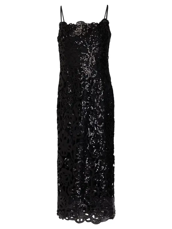 Marchesa Sequined Guipure Lace Midi Dress - Black