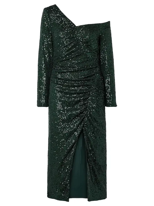 SELF-PORTRAIT One-shoulder Sequined Midi Dress - Dark Green