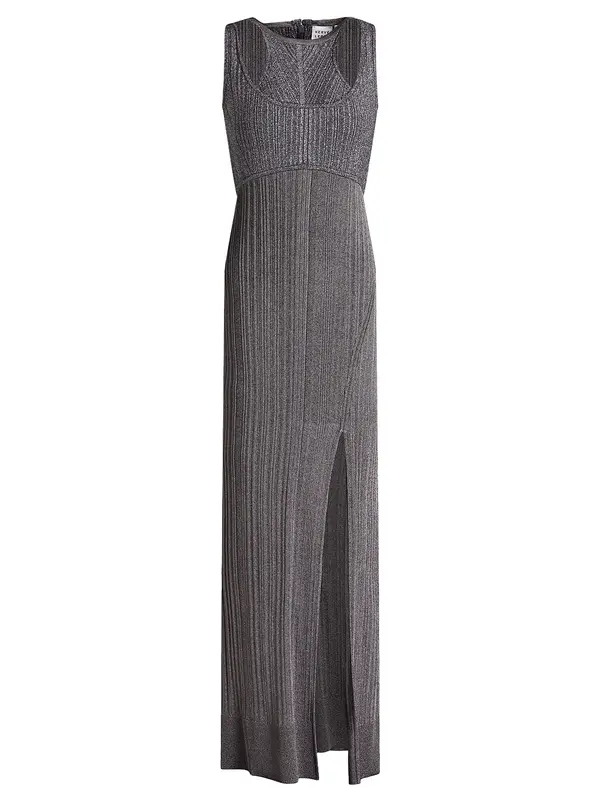 Herve Leger Cutout Metallic Ribbed-knit Gown - Gunmetal