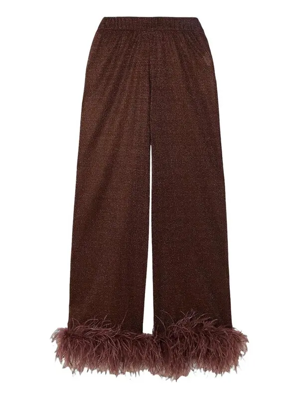 Oseree Lumière Feather-trimmed Metallic Stretch-lurex Wide-leg Pants - Chocolate