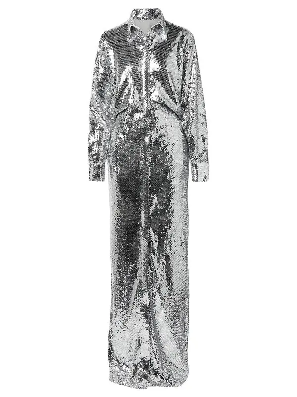 Brandon Maxwell Sequined Tulle Maxi Shirt Dress - Silver