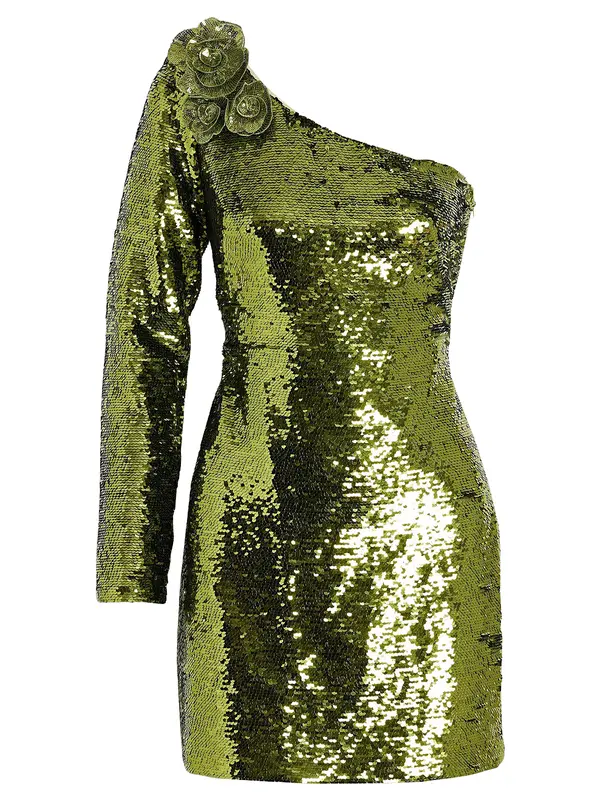Marchesa One-sleeve Sequined Tulle Mini Dress - Lime Green
