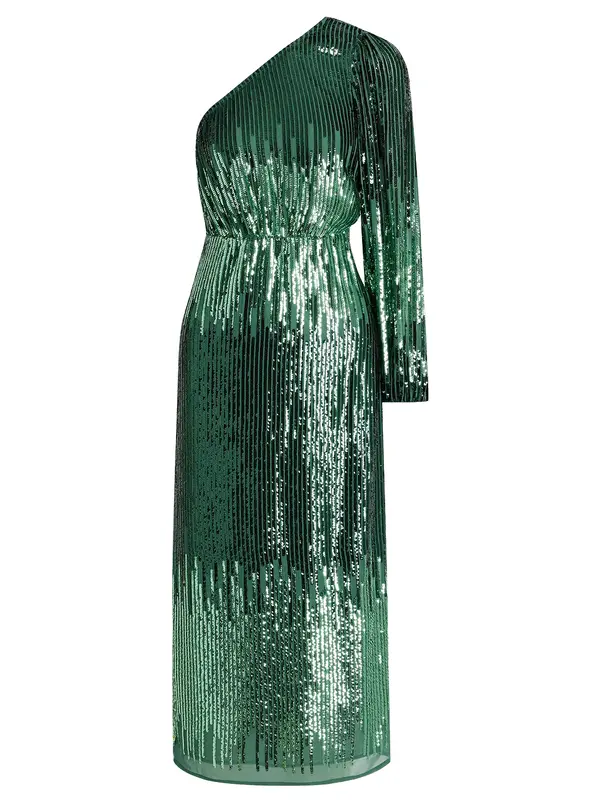 Rixo Bradshaw One-sleeve Sequined Tulle Midi Dress - Emerald