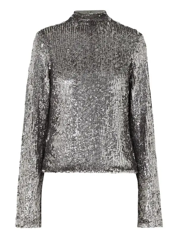 INTERIOR Frances Sequined Stretch-tulle Turtleneck Top - Silver