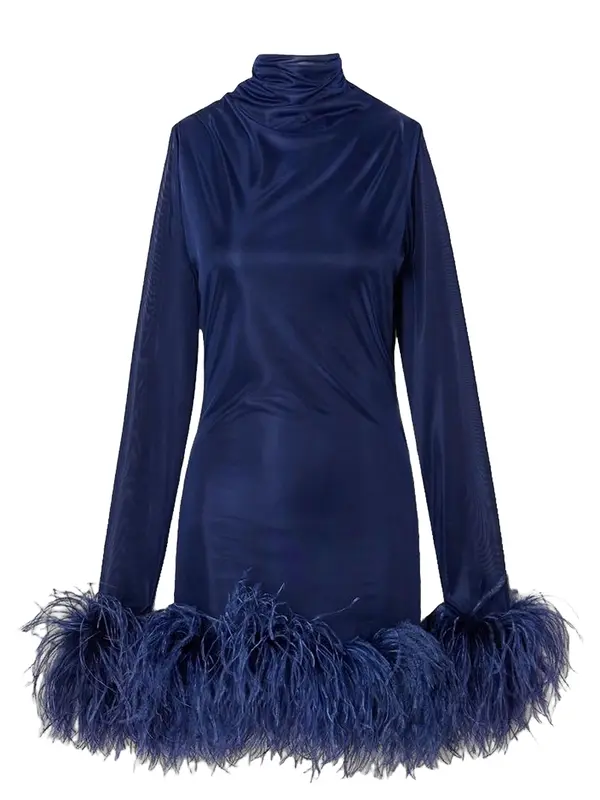 16Arlington Luna Feather-trimmed Mini Dress - Navy