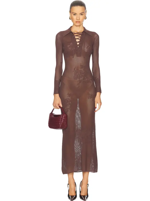 FLEUR DU MAL Lace Pointelle Maxi Dress In Brown - Cognac