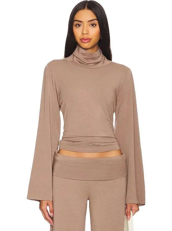 BOBI Long Sleeve Jersey Top With Bell Sleeves And Side Ruching - Beige