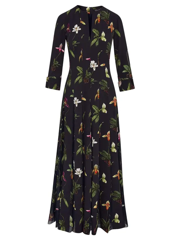 Oscar De La Renta Orchid Floral-print Cady Dress - Blue