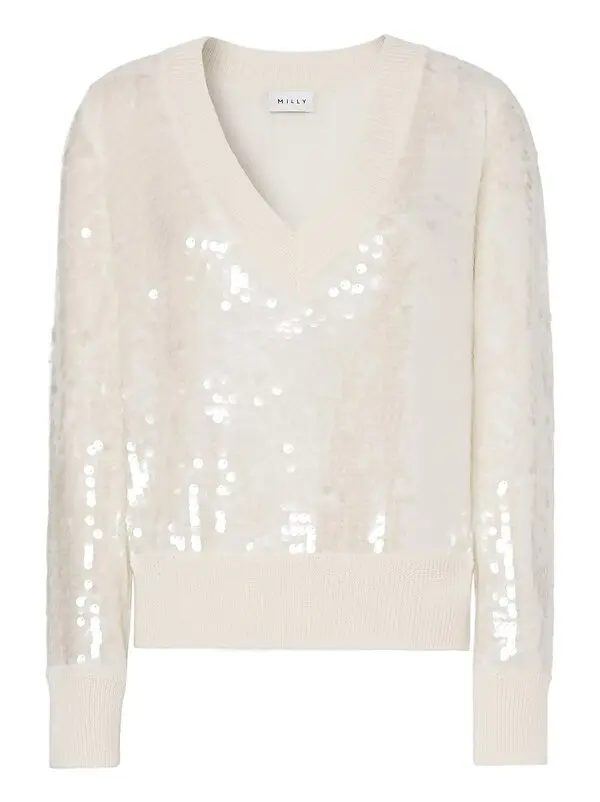 MILLY Ilaria Sequin V-neck Long Sleeve Sweater - Ecru