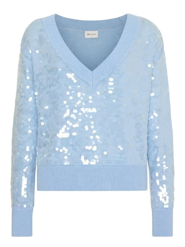 MILLY Ilaria Sequin V-neck Long Sleeve Sweater - Light Blue