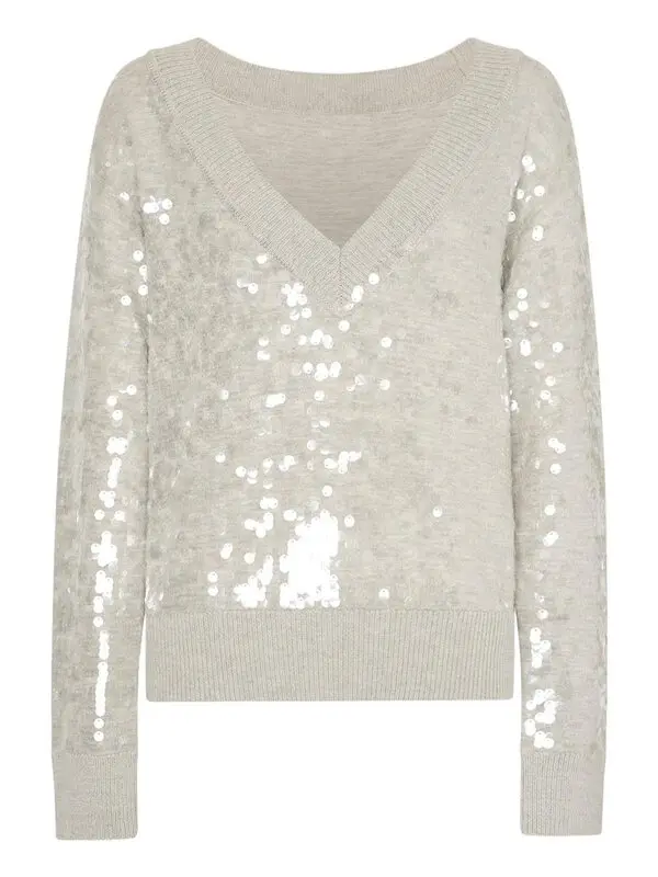 MILLY Ilaria Sequin V-neck Long Sleeve Sweater - Light Heather Grey