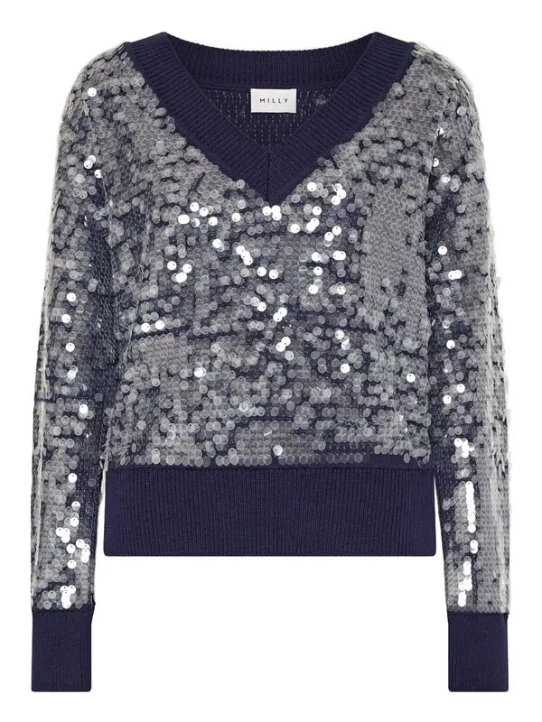 MILLY Ilaria Sequin V-neck Long Sleeve Sweater - Navy