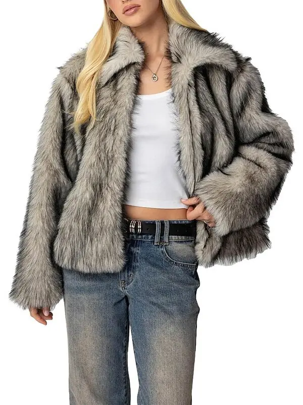 EDIKTED Faux Fur Jacket - Black-and-white