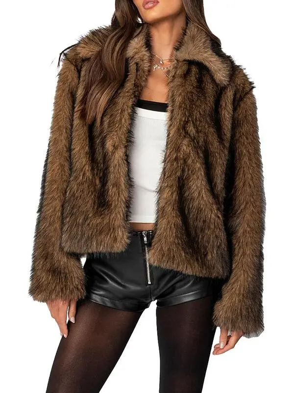 EDIKTED Faux Fur Jacket - Brown