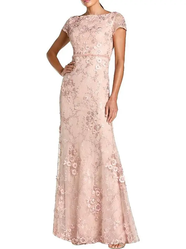 Mac Duggal Floral Applique Boatneck Gown - Blush