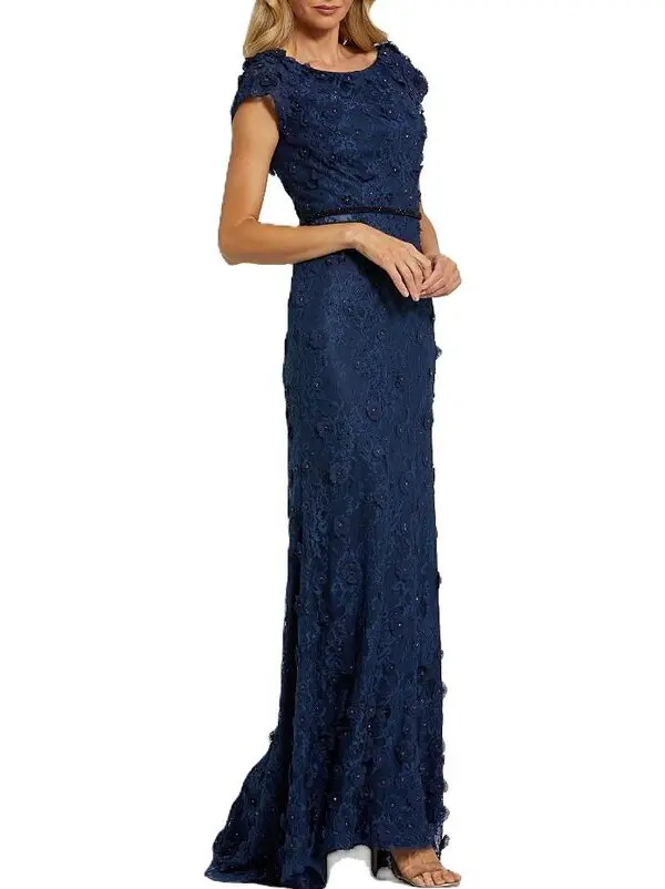 Mac Duggal Floral Applique Boatneck Gown - Midnight