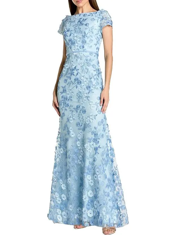 Mac Duggal Floral Applique Boat Neck Gown - Powder Blue