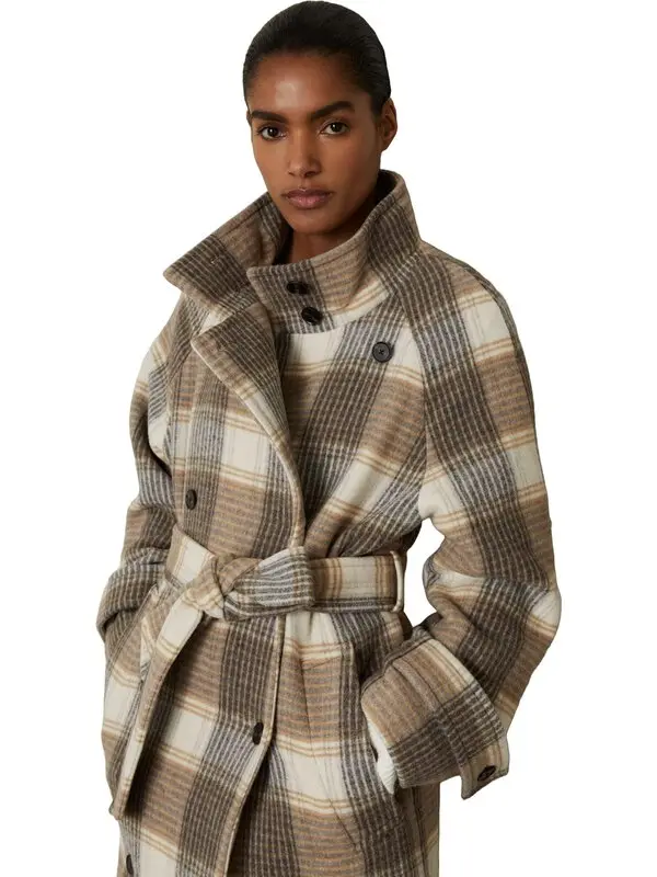 REISS Piper Wool Blend Checked Double Breasted Coat - Neutral Check