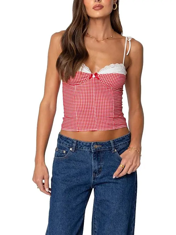 EDIKTED Peekaboo Lacey Gingham Corset - Red
