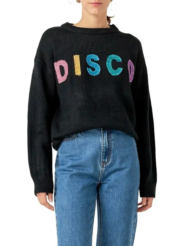 English Factory Disco Appliqué Crewneck Sweater - Black