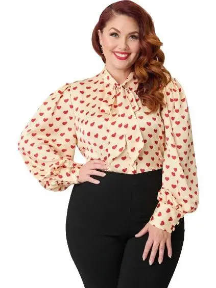 Unique Vintage Gwen Blouse - Champagne & Red Hearts