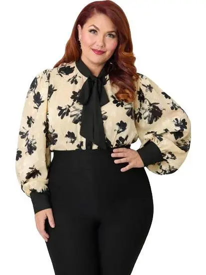 Unique Vintage Gwen Blouse - Taupe & Black Floral
