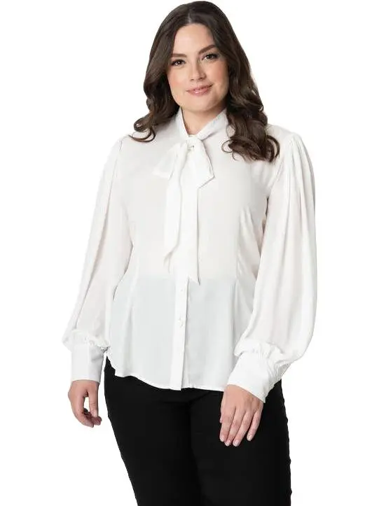 Unique Vintage Long Sleeve Neck Tie Blouse - White