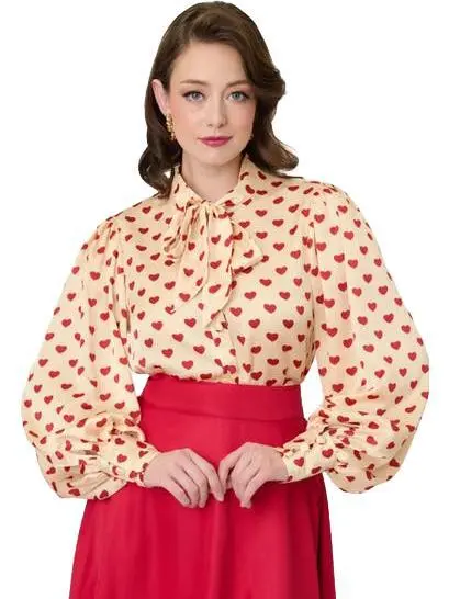 Unique Vintage Long Sleeve Neck Tie Blouse - Champagne & Red Hearts
