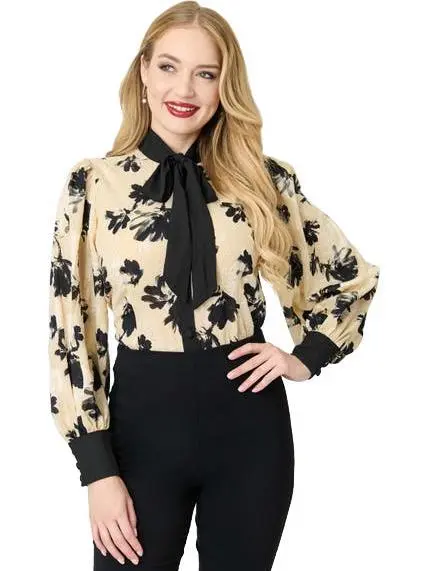 Unique Vintage Long Sleeve Neck Tie Gwen Blouse - Taupe & Black Floral