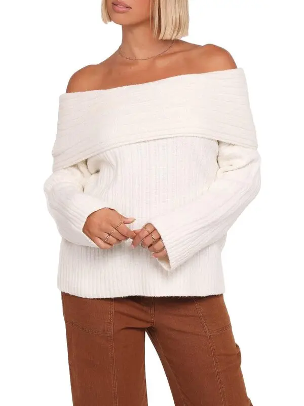 PETAL & PUP Kenny Off-the-shoulder Ribbed Sweater - Cream