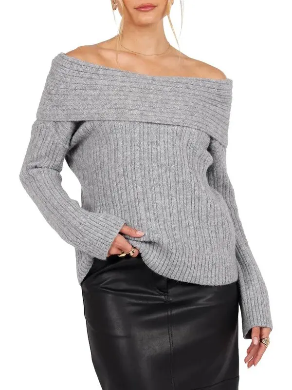 PETAL & PUP Kenny Off-the-shoulder Ribbed Sweater - Light/pastel Grey